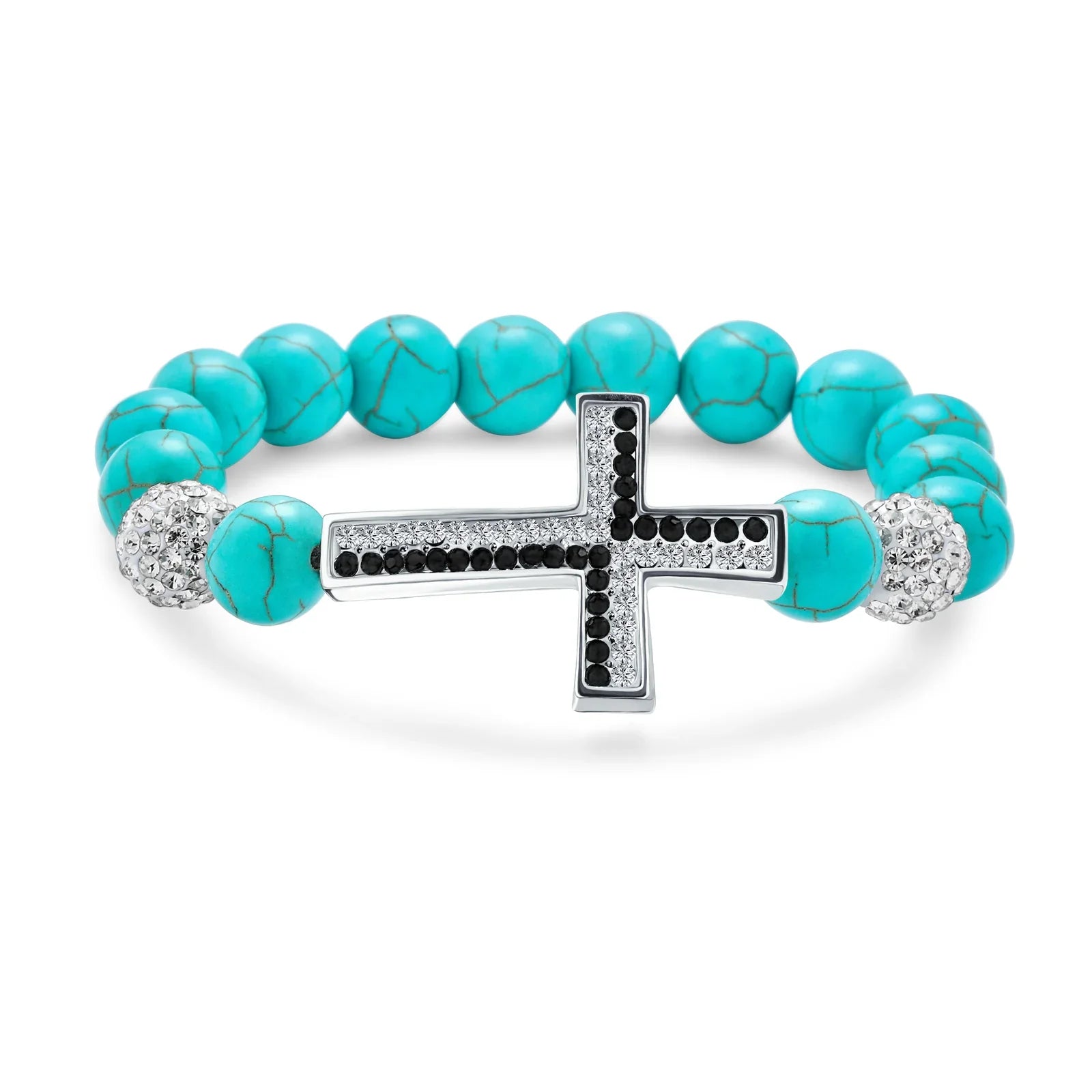 Religious Cross Black Onyx Turquoise Crystal Stretch Bracelet Silver Plated