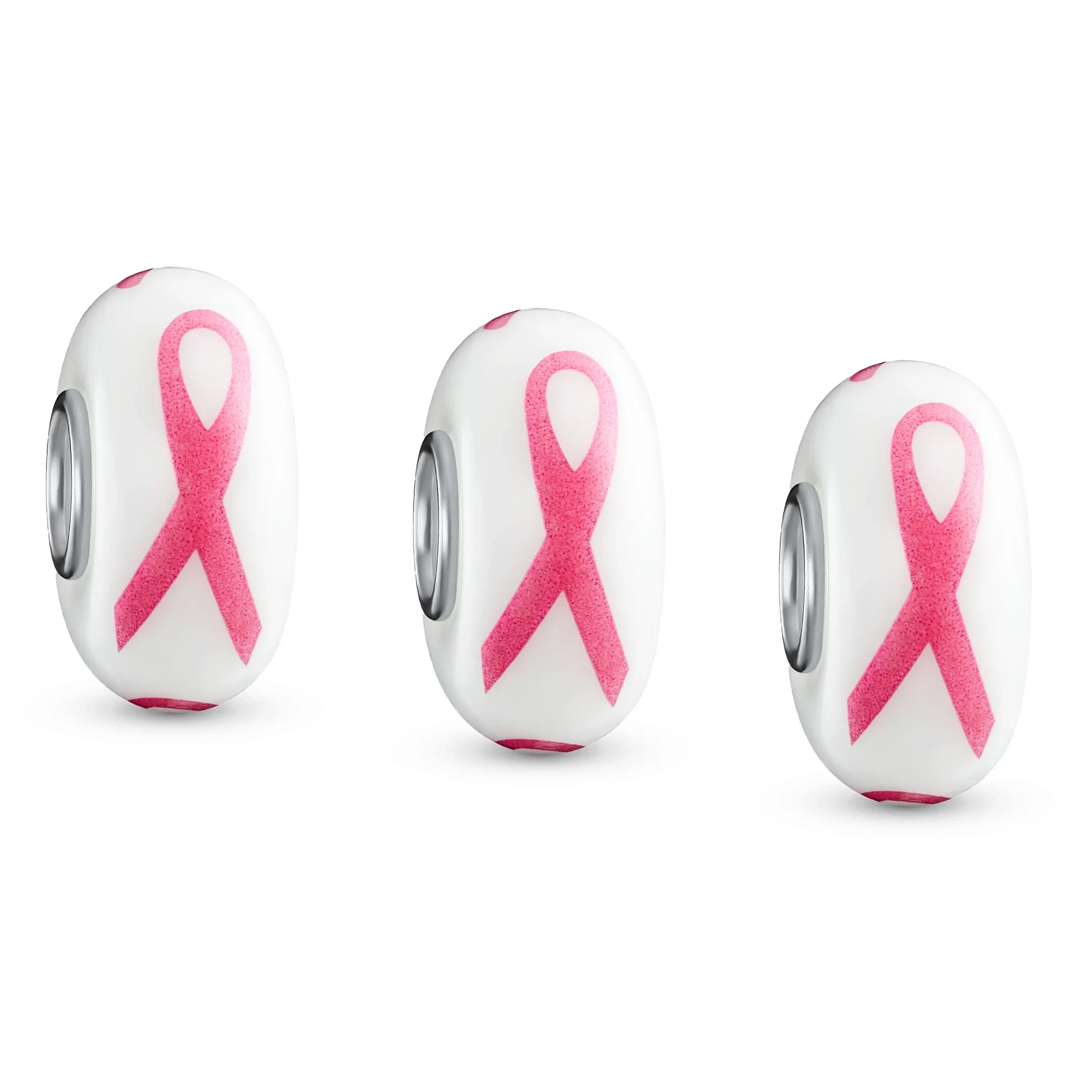 Set of 3 Glass Charm Bead Pink Ribbon Breast Cancer Survivor Murano fo ...