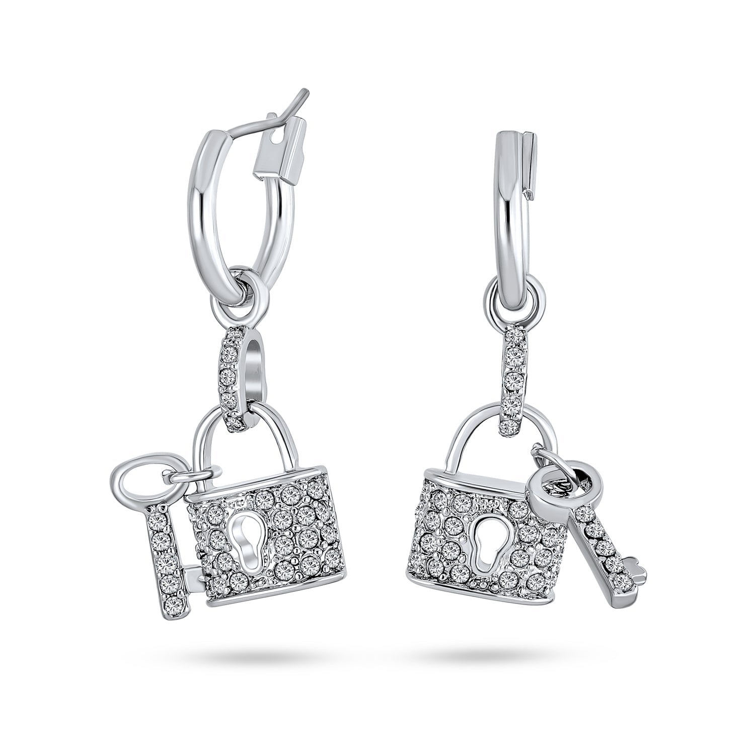 Pave Crystal Lock Key Charm Dangle Earrings Silver Plated