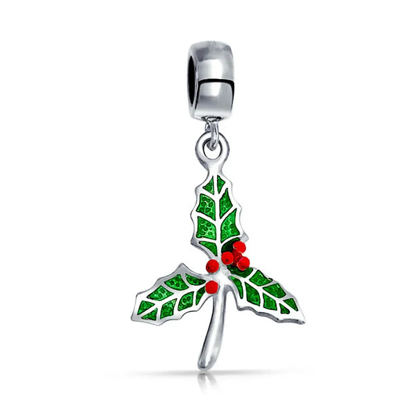 Christmas Charm Bead Green Mistletoe Holly Dangle Sterling Silver for ...