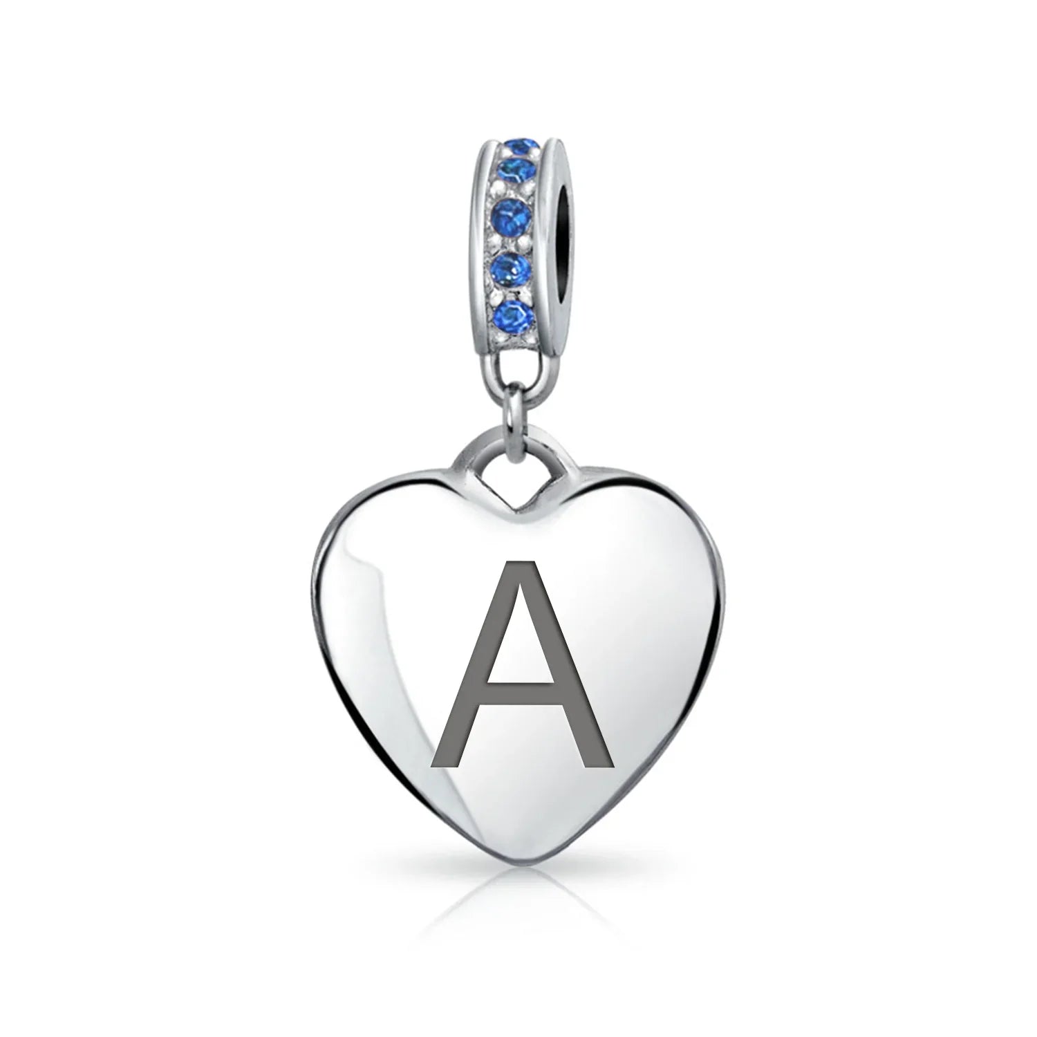 A-Z Monogram Blue Crystal Initial Dangle Heart Charm Bead