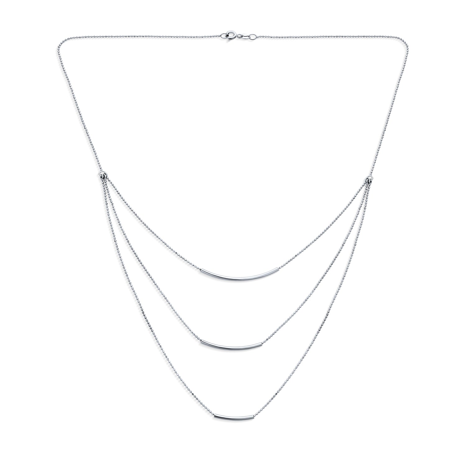 Layered Three Strand Chain Necklace Curved Bar Silver