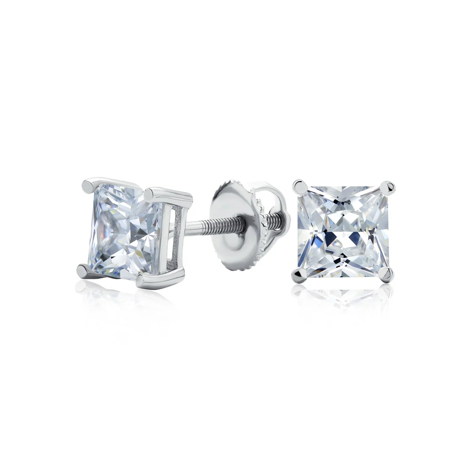 Classic CZ Stud Earrings Square Princess Cut Solitaire Sterling Silver ...