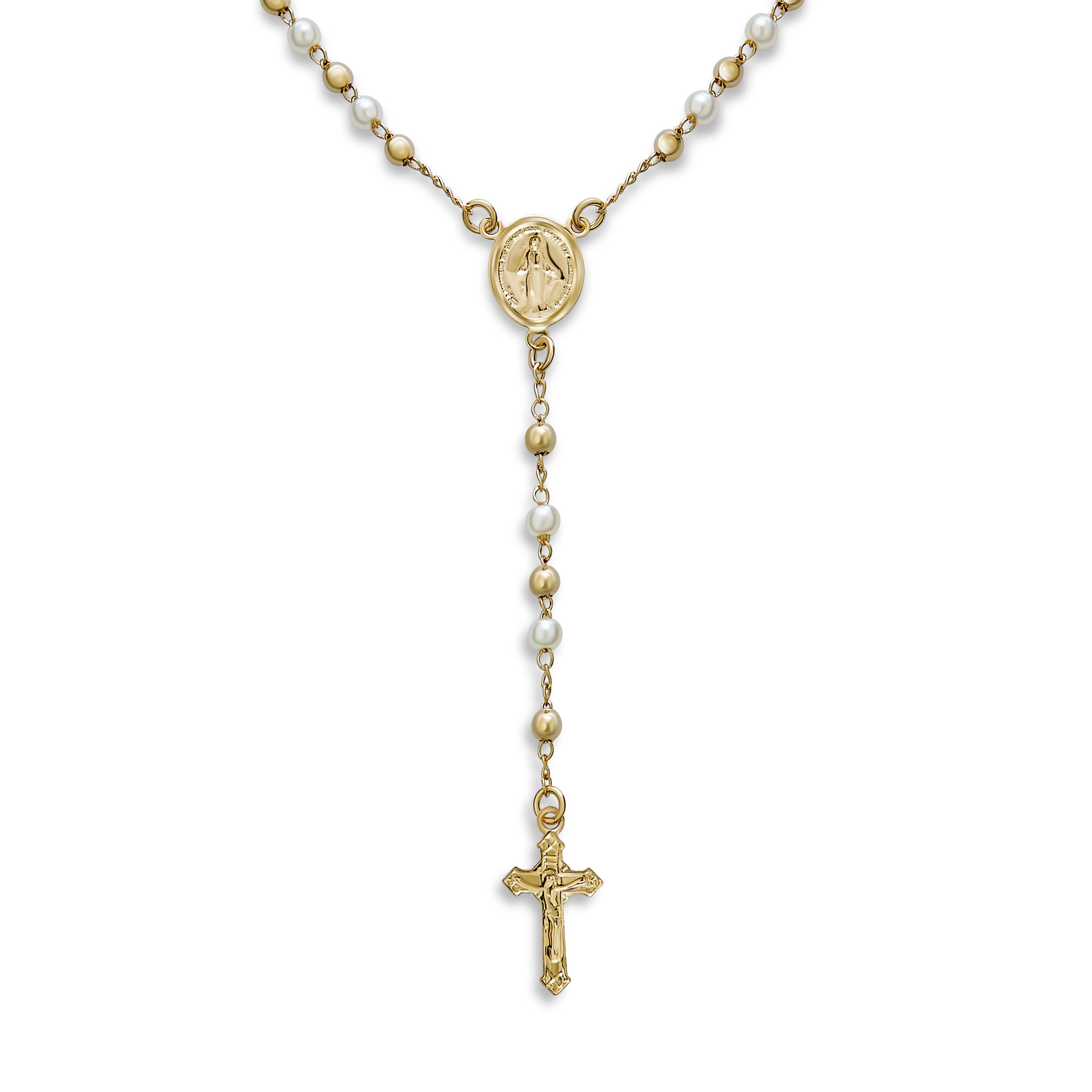 Virgin Mary Simulated Pearl Crucifix Cross Rosary Bead Necklace Gold P ...