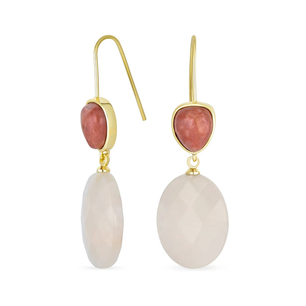 Elegant Gemstone Peach Sandstone Dangle Earrings with Rose Quartz and ...