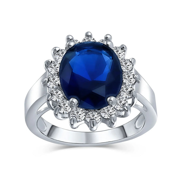 Classic 5CTW Royal Blue CZ Crown Halo Oval Simulated Sapphire Engageme ...