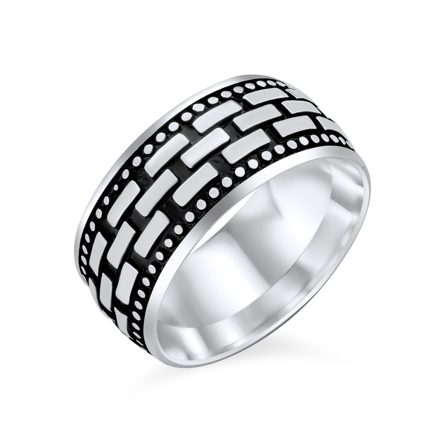 Classic Mens Silver Ring Brick Chain Band Blackened Oxidized .925 Ster ...