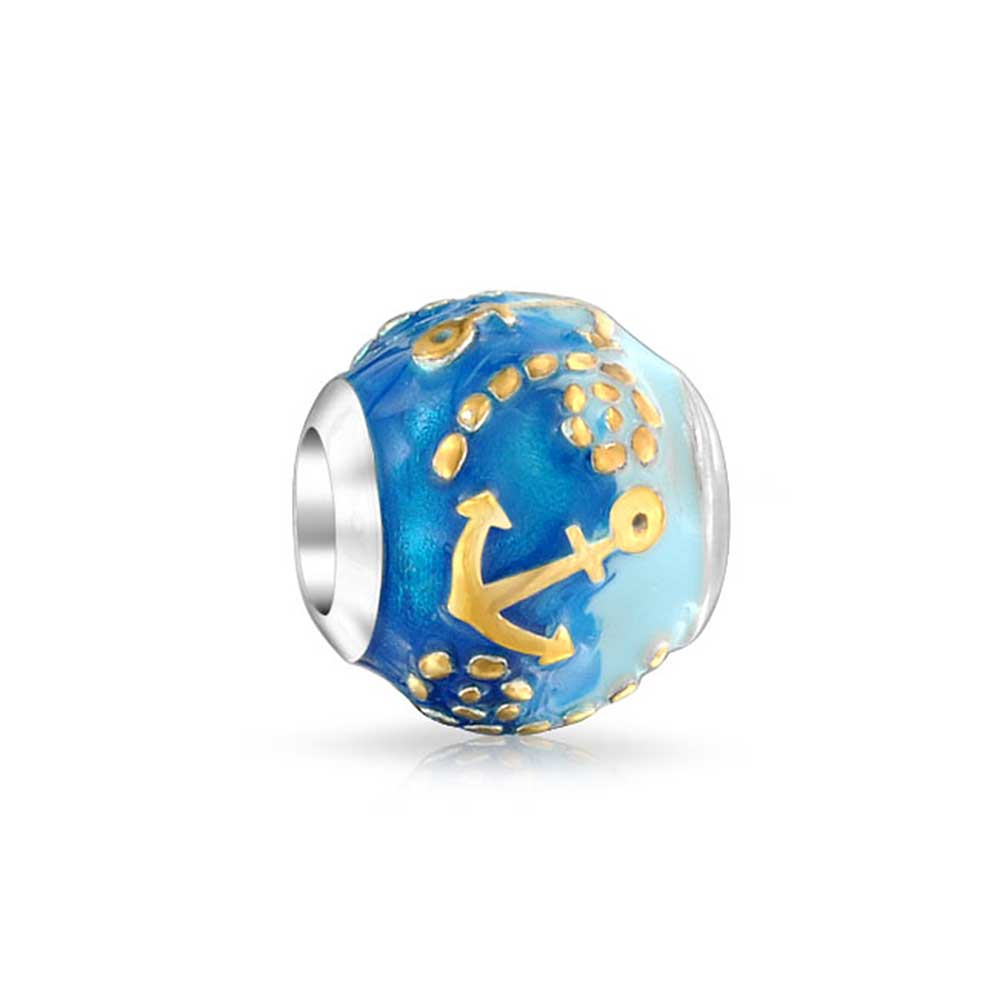 Nautical Blue Ocean Anchor Sea Two Tone Charm Bead .925 Sterling Silve ...