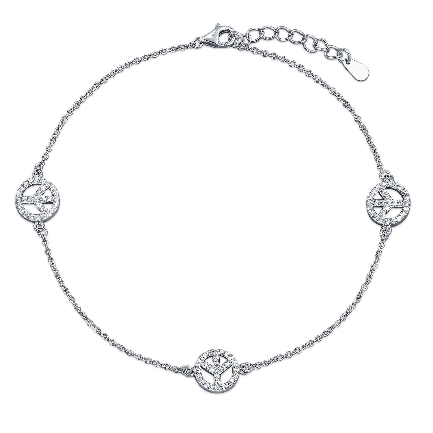 Multi CZ Peace Sign Anklet Ankle Bracelet Sterling Silver 9-10 Inch ...