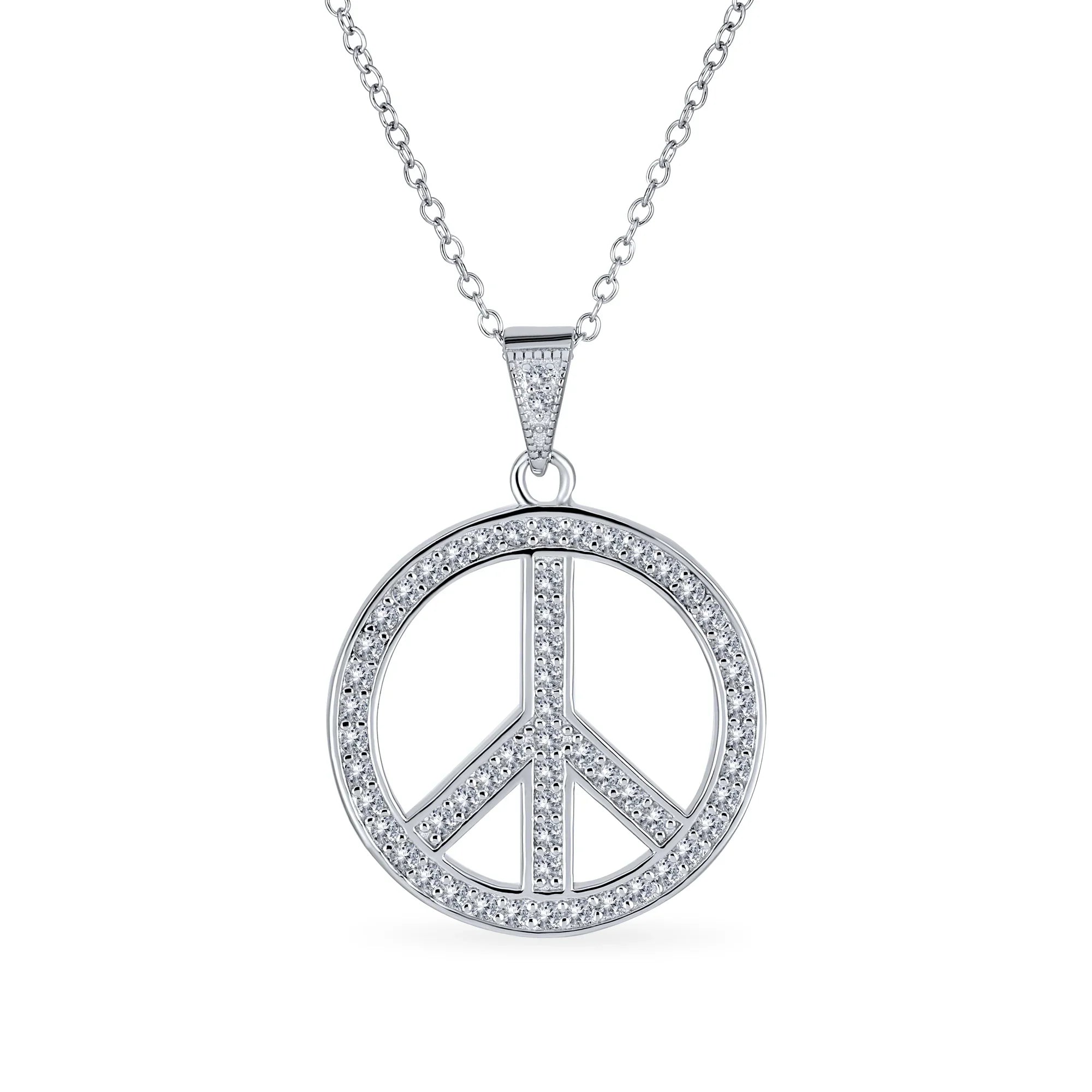 Pave CZ Peace Sign Pendant Necklace in Sterling Silver with Chain