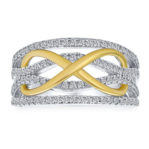 Two Tone Micro Pave CZ Wide Statement Infinity Ring Gold Plated Silver ...