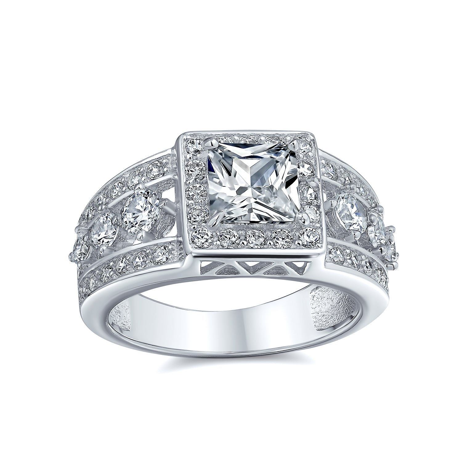 Square Cut Halo AAA CZ Art Deco Princess Engagement Ring, 3 Row Band S ...