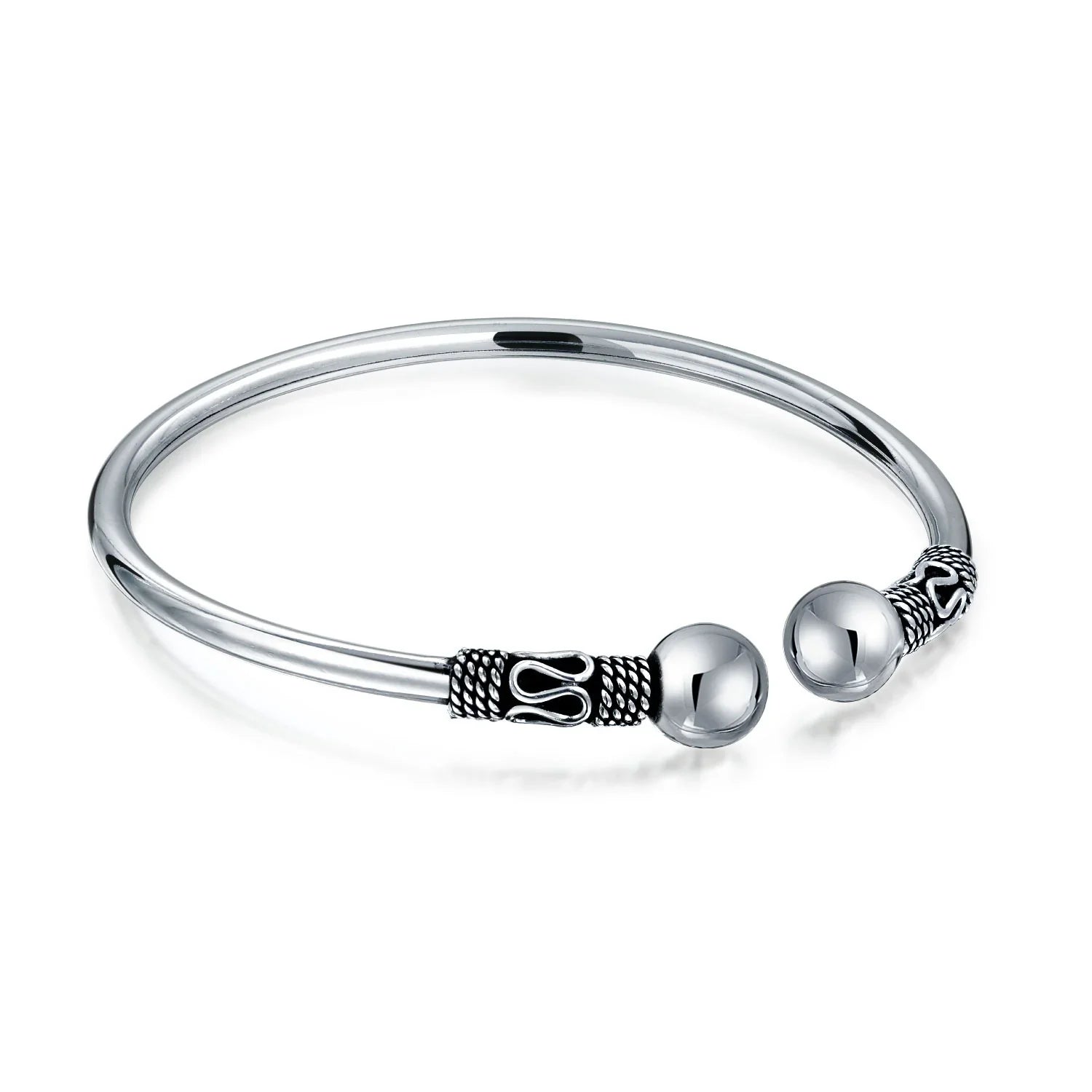 Bali Style Ball Tips Stacking Bangle Cuff Bracelet Sterling Silver ...