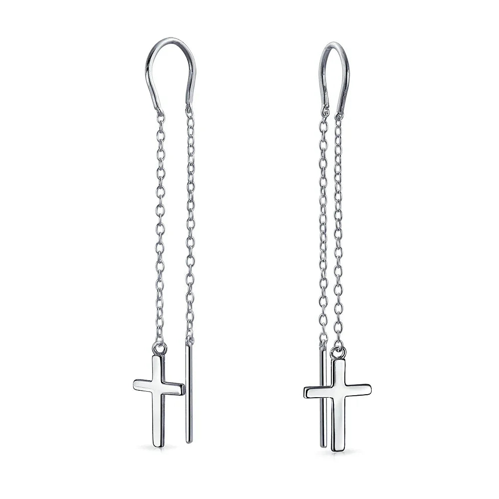 Simple Religious Cross Dangle Earrings Long Chain Ear Cuff & Stud Set ...