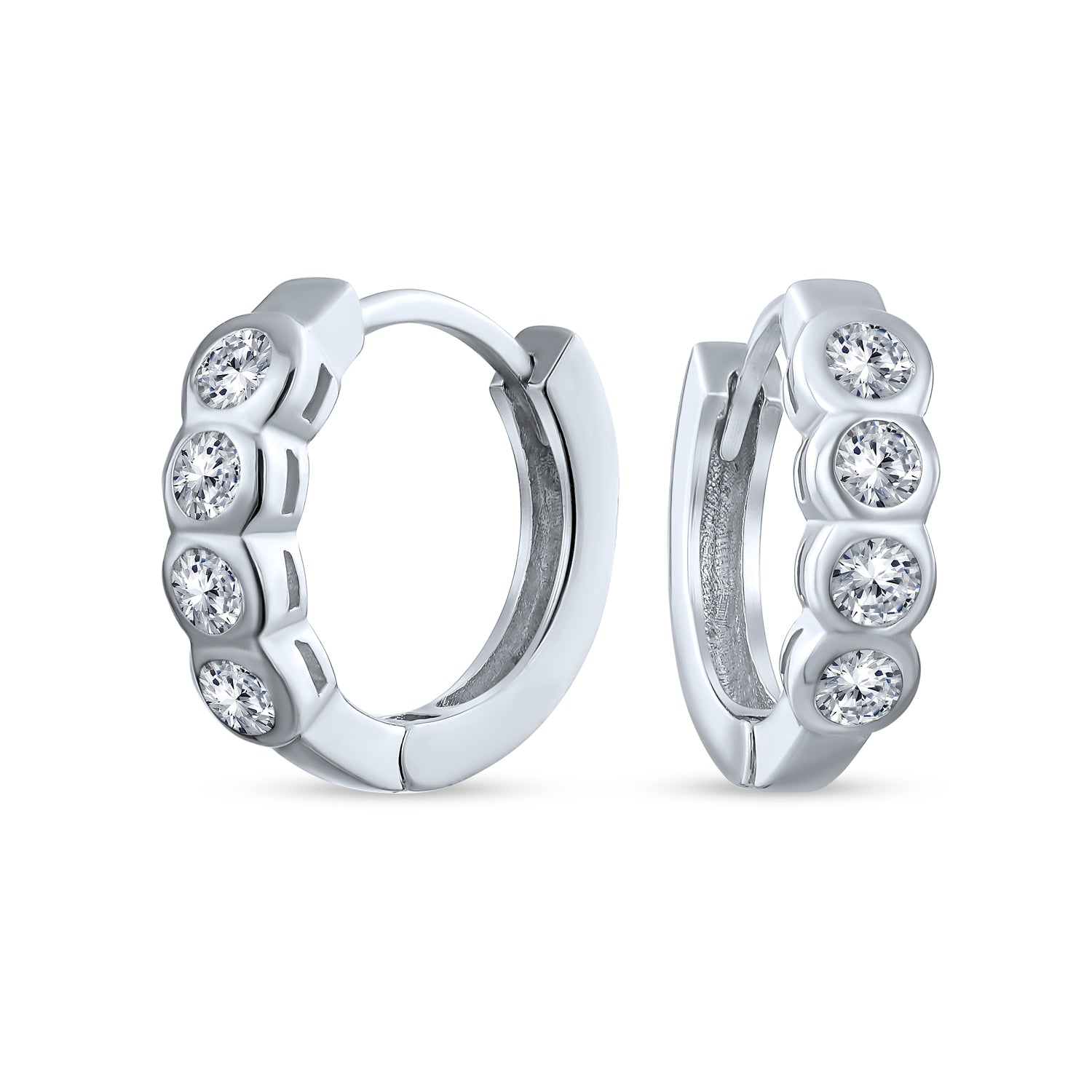 Classic Dainty Round CZ Hoop Earrings Bezel Set Solitaire Silver Huggies