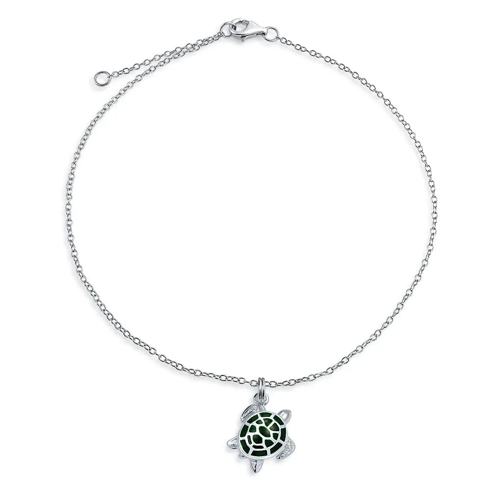 Hawaii Nautical Charm Green Enamel Turtle Anklet Double Chain Sterling ...