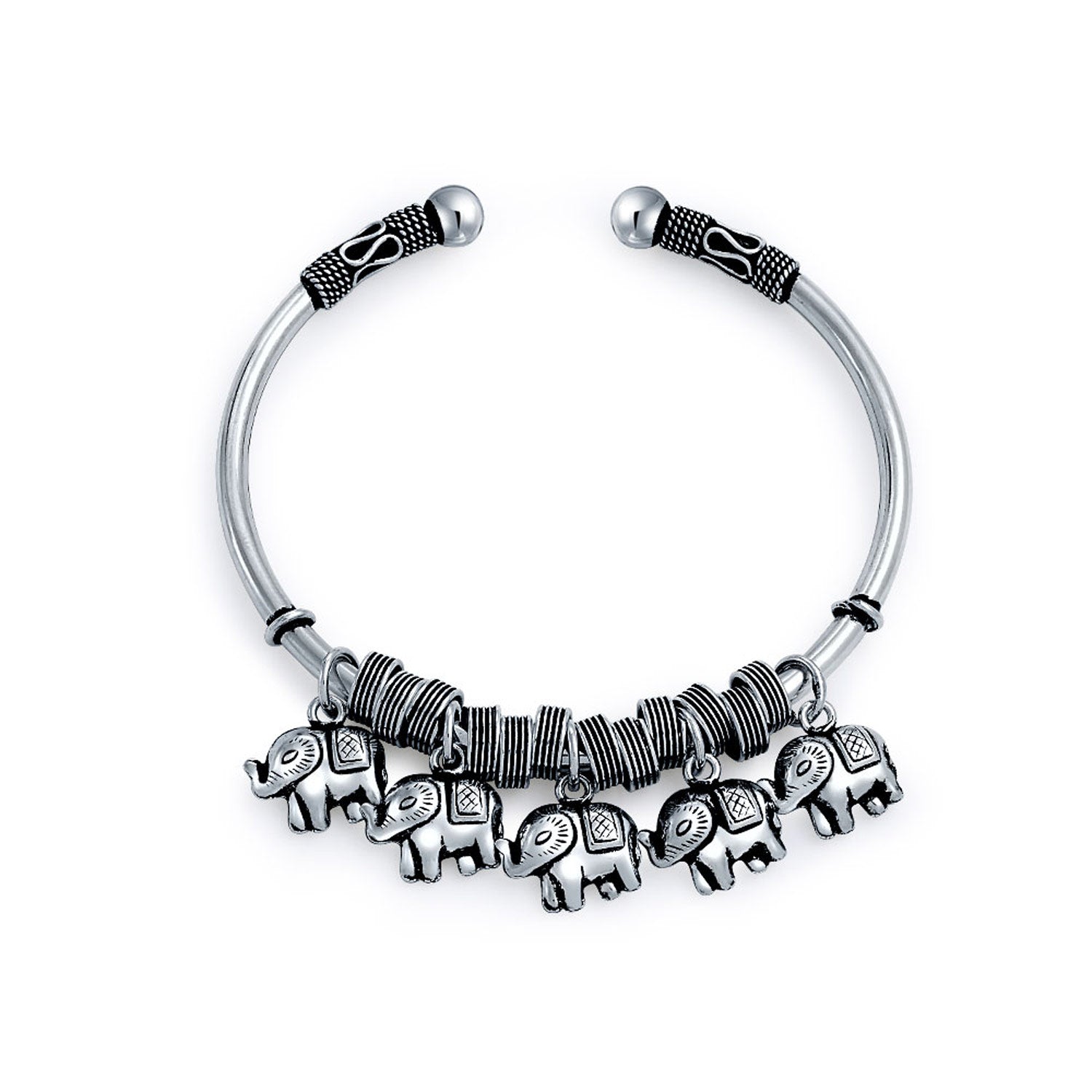 Bali Style Elephant Bangle Bracelet with 5 Charms in Antiqued Sterling ...