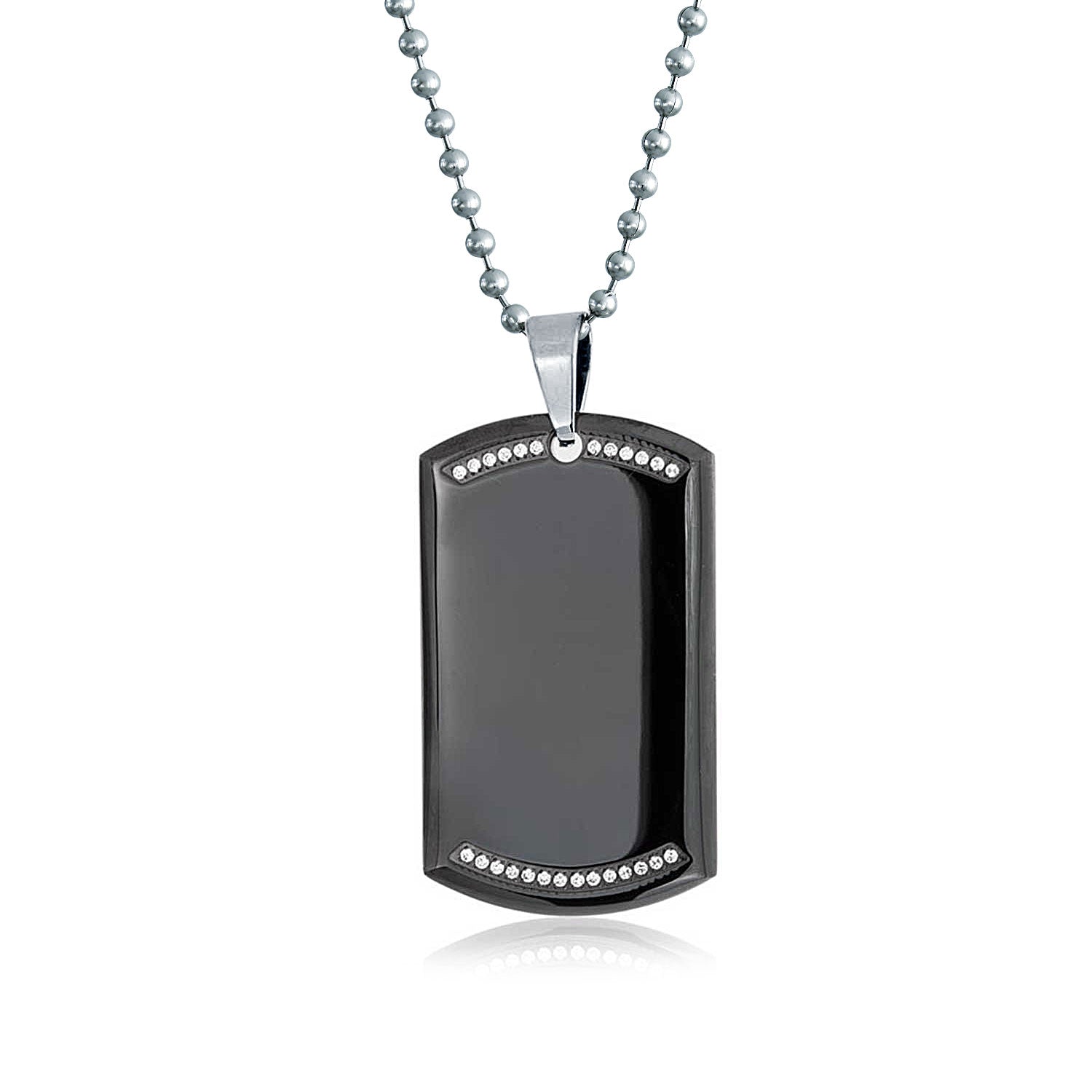 CZ Edge Black Dog Tag Pendant Necklace for Men Stainless Steel 24" Bea ...