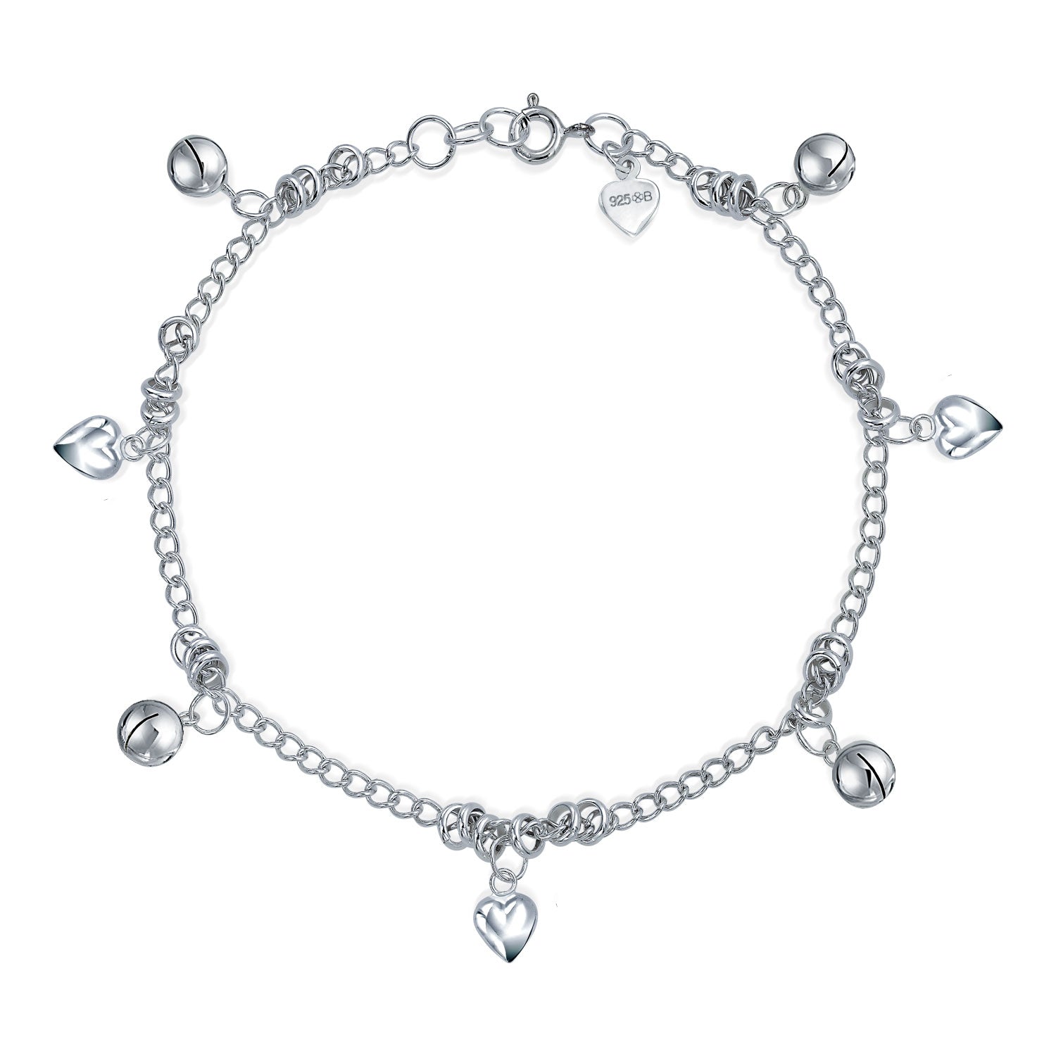 Multi Jingle Bells Hearts Charms Anklet Ankle Bracelet Sterling Silver ...
