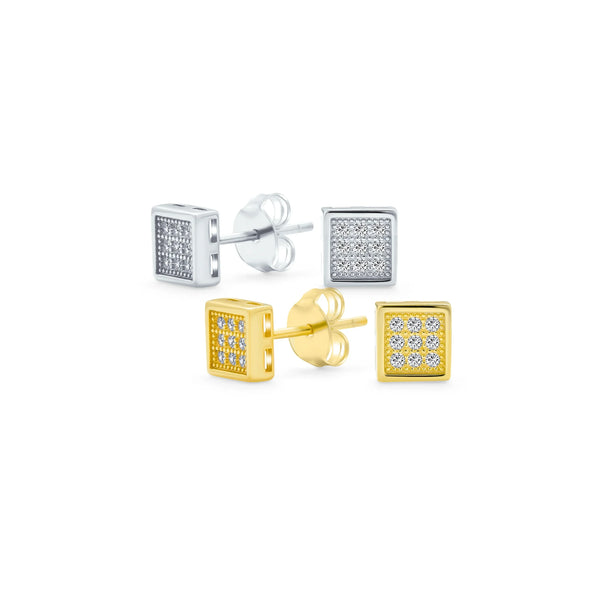 Set of 2 Geometric Square CZ Stud Earrings Gold Sterling Silver – Bling ...