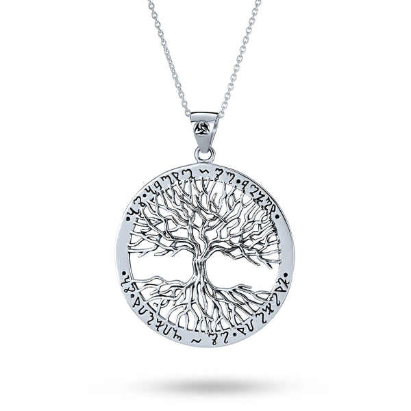 Wiccan Tree Of Life Pendant Necklace with Rune Symbols Oxidized Sterli ...